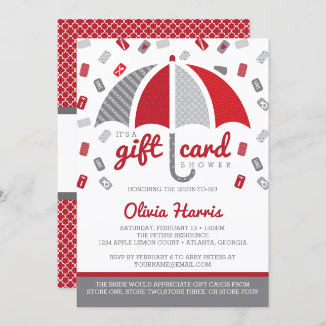 Gift Card Bridal Shower Invitation, Red, Gray | Zazzle