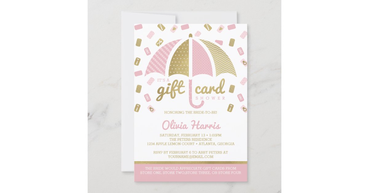 Gift Card Bridal Shower Invite, Pink, Faux Gold | Zazzle