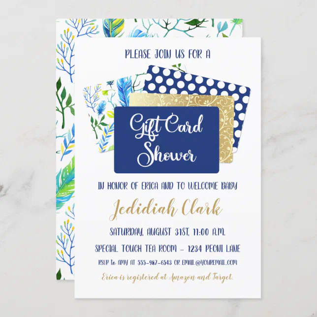 Gift Card Shower Blue and Gold Feathers | Zazzle