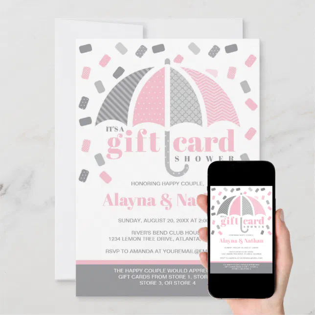 Gift Card Shower Invitation in Pink and Gray | Zazzle