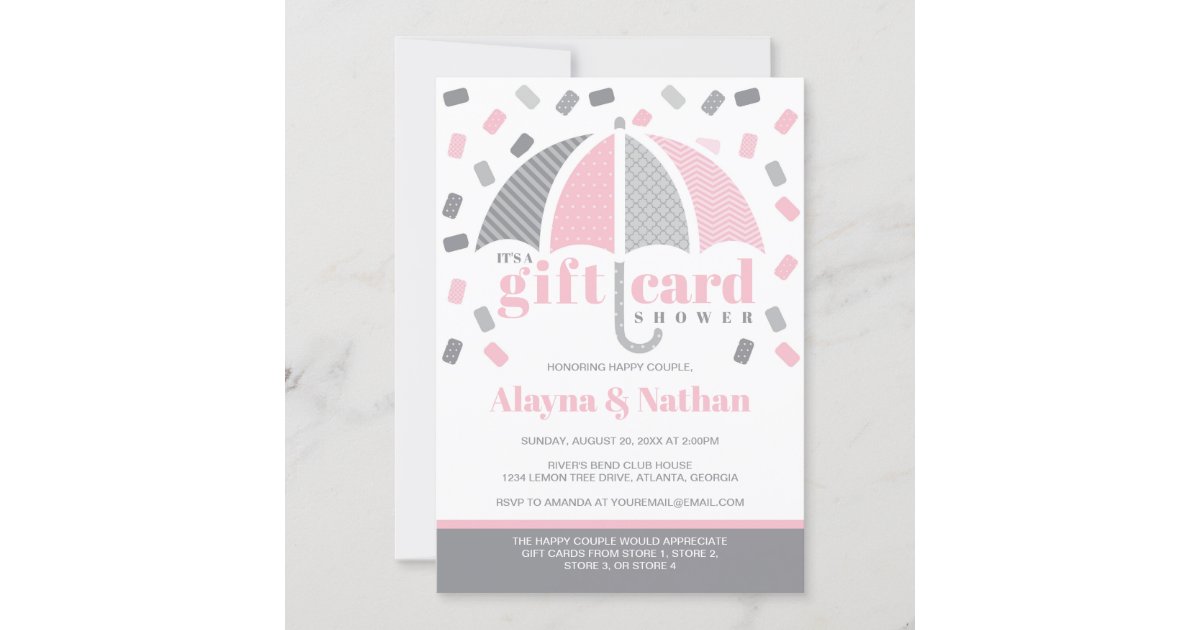 Gift Card Shower Invitation in Pink and Gray | Zazzle