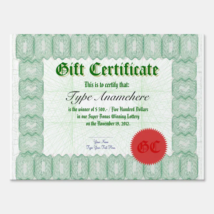 Gift Certificate Winner Big Presentation Check Sign | Zazzle