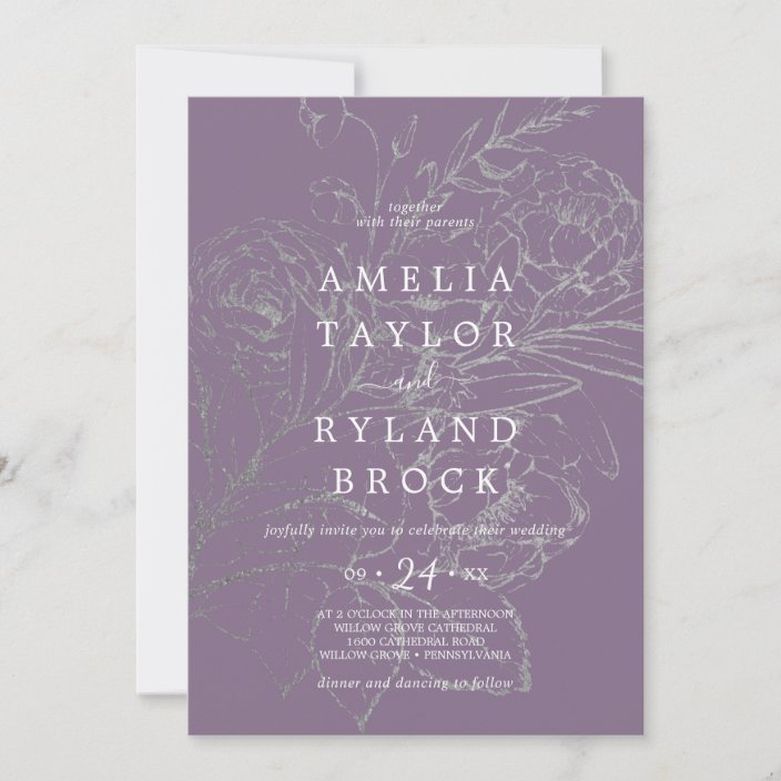 Gilded Floral Dusty Purple and Silve Faded Wedding Invitation | Zazzle.com