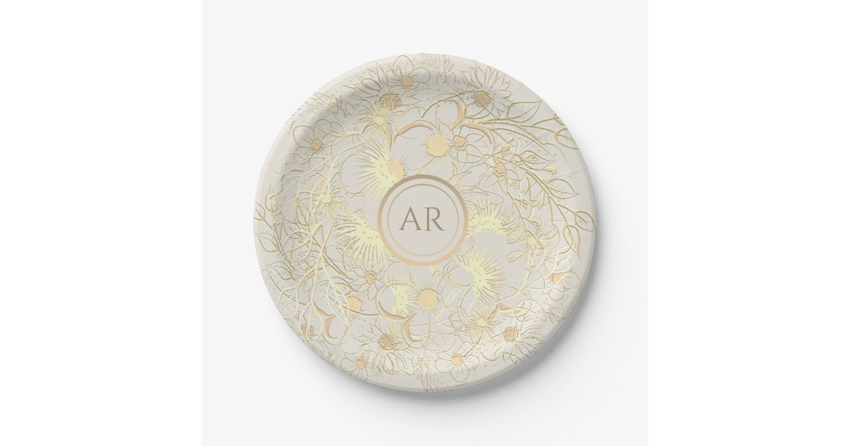 Gilded Floral Gold Wedding Paper Plates | Zazzle