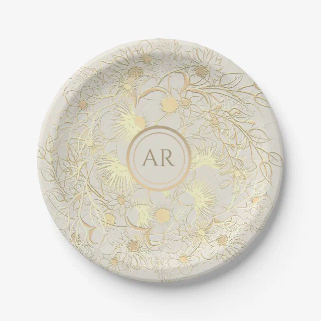 Gilded Floral Gold Wedding Paper Plates | Zazzle