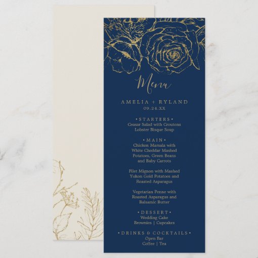 Gilded Floral | Navy and Gold Wedding Dinner Menu | Zazzle