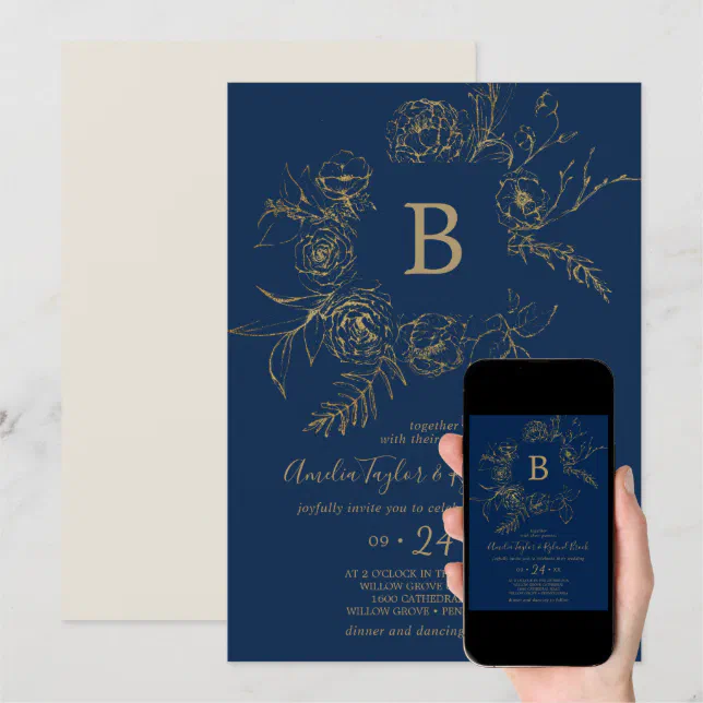 Gilded Floral | Navy Blue & Gold Monogram Wedding Invitation | Zazzle