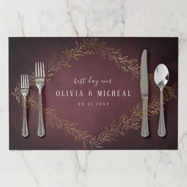 Gilded gold burgundy botanical elegant wedding paper placemat | Zazzle