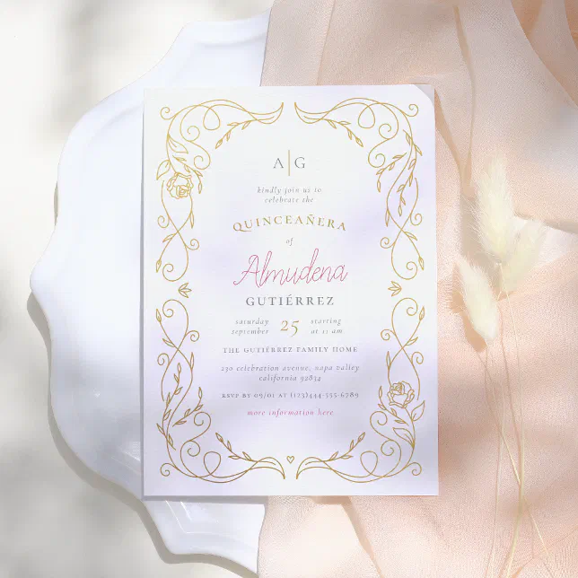 Gilded Gold Floral Frame Elegant Quinceañera Photo Invitation | Zazzle