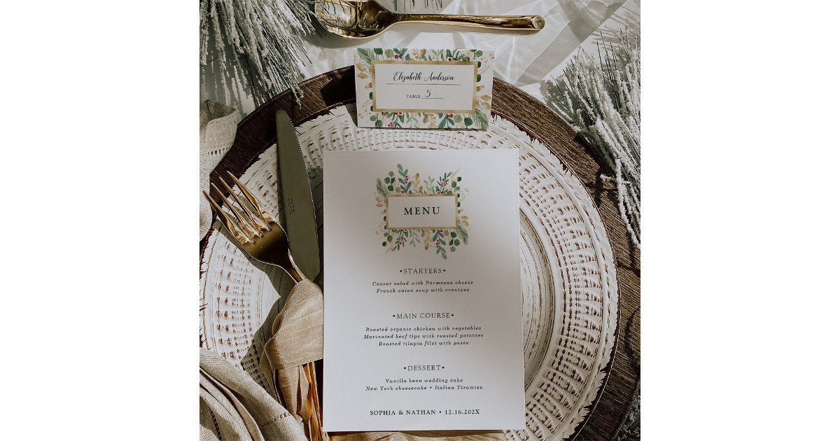 Gilded Greenery on White | Christmas Wedding Menu | Zazzle