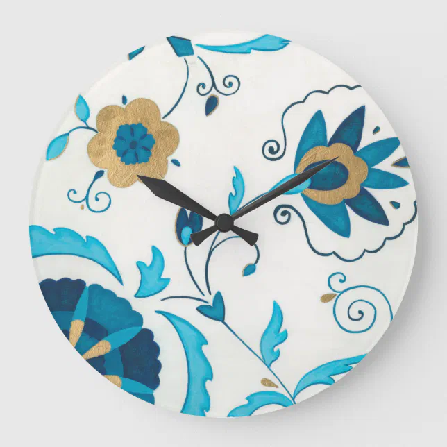 Gilded Indigo Flowers with White Background Large Clock | Zazzle
