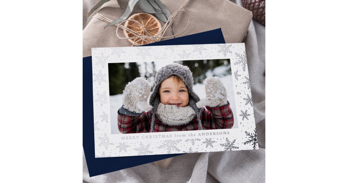 Gilded Snowflakes Photo Silver Foil Holiday Card | Zazzle