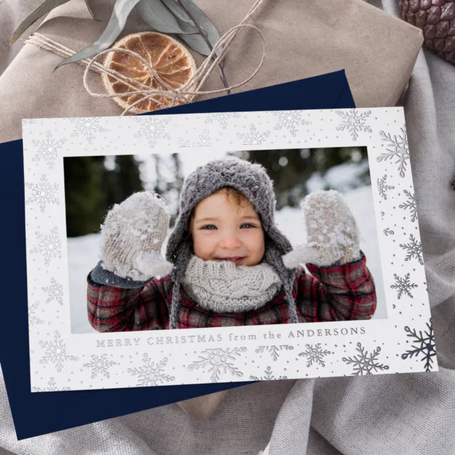 Gilded Snowflakes Photo Silver Foil Holiday Card | Zazzle