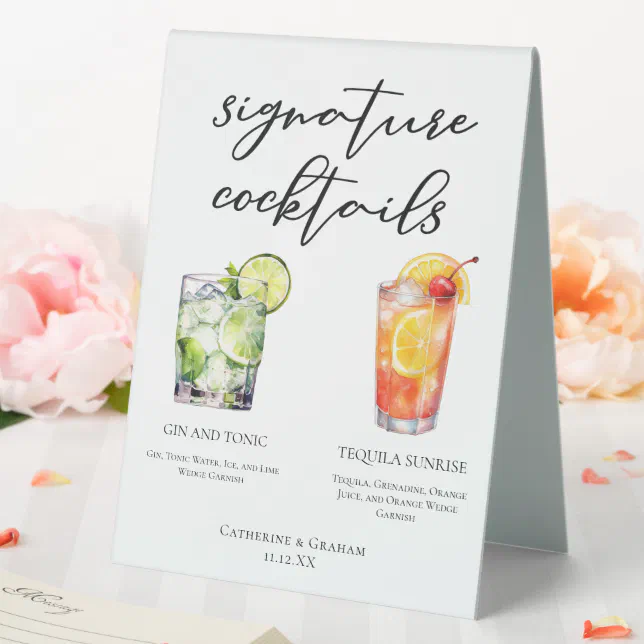 Gin and Tonic Tequila Sunrise Cocktails Menu Table Tent | Zazzle
