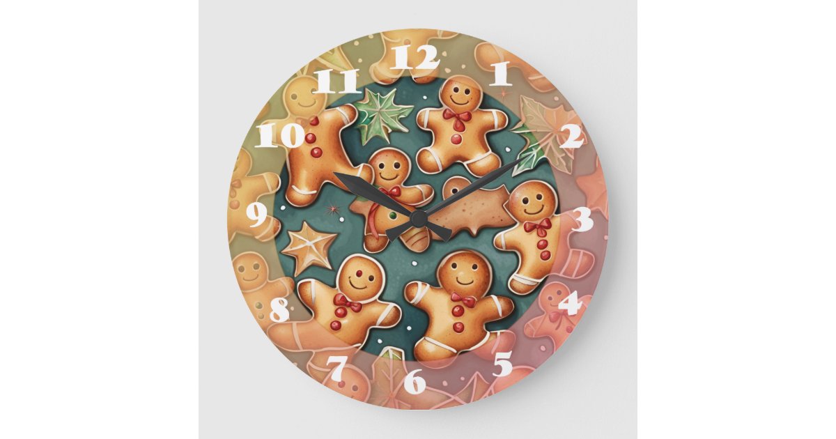 Ginger breadman Christmas Pattern Large Clock | Zazzle