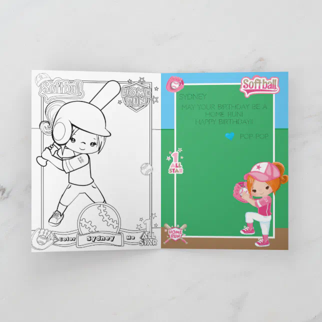 Ginger Girls Softball Coloring Page Happy Birthday Card | Zazzle