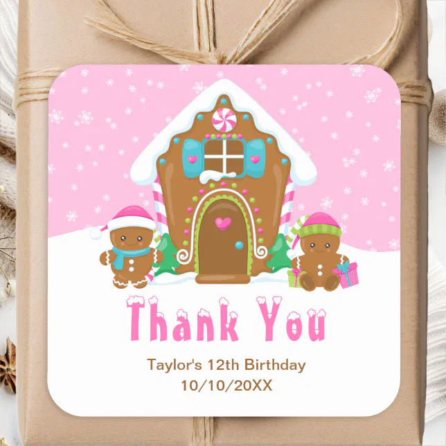 Gingerbread Birthday Party Pink Thank You Square Sticker | Zazzle