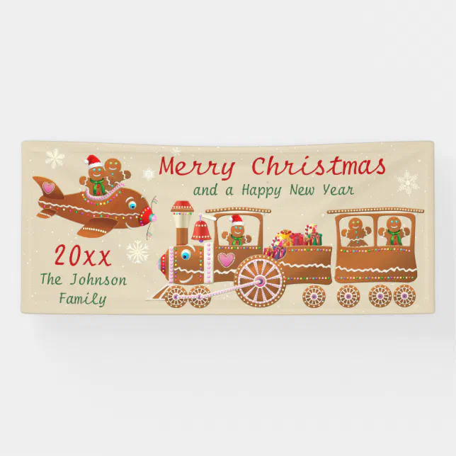Gingerbread Christmas Train And Airplane Cartoon Banner | Zazzle