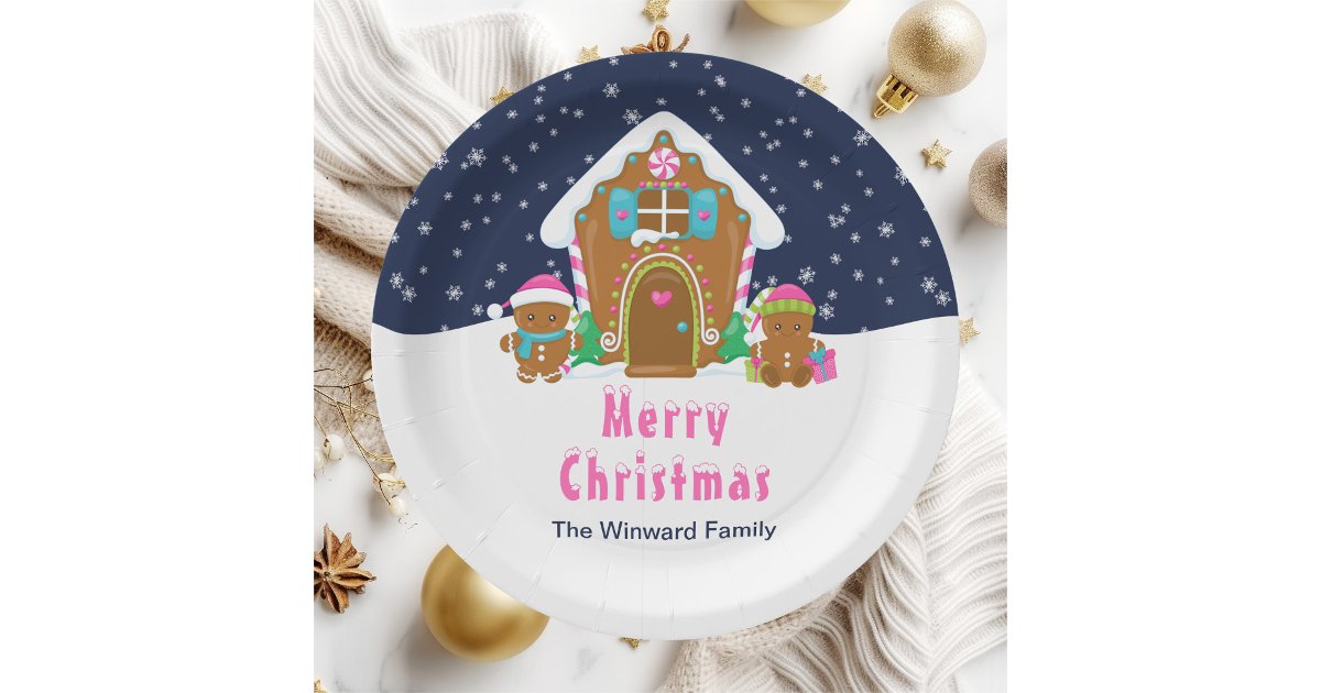 Gingerbread Decorating Party Navy Blue and Pink Paper Plates | Zazzle