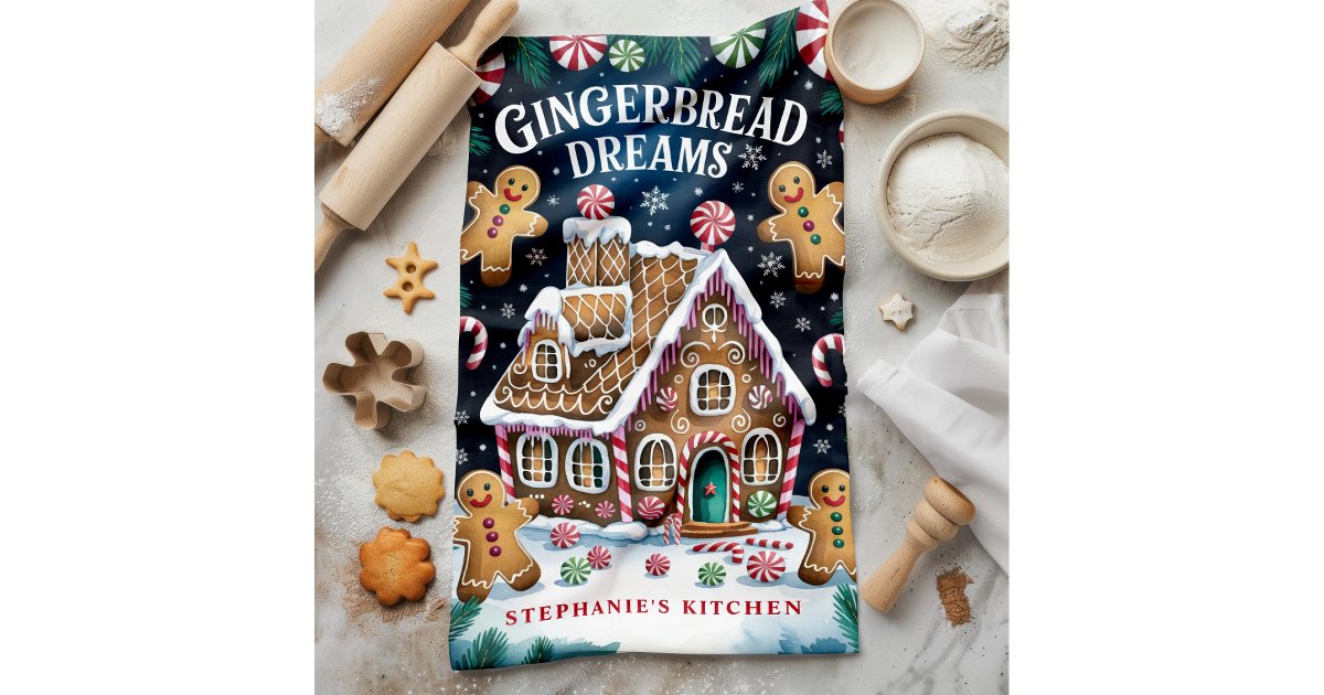 Gingerbread Dreams Personalized Christmas Kitchen Towel | Zazzle