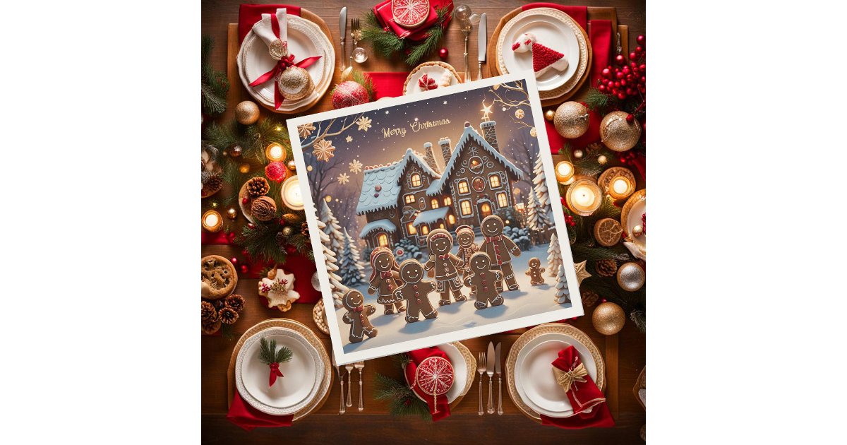Gingerbread house and cute gingerbread family napkins | Zazzle