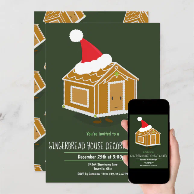 Gingerbread House Decorating Party Invite Green | Zazzle