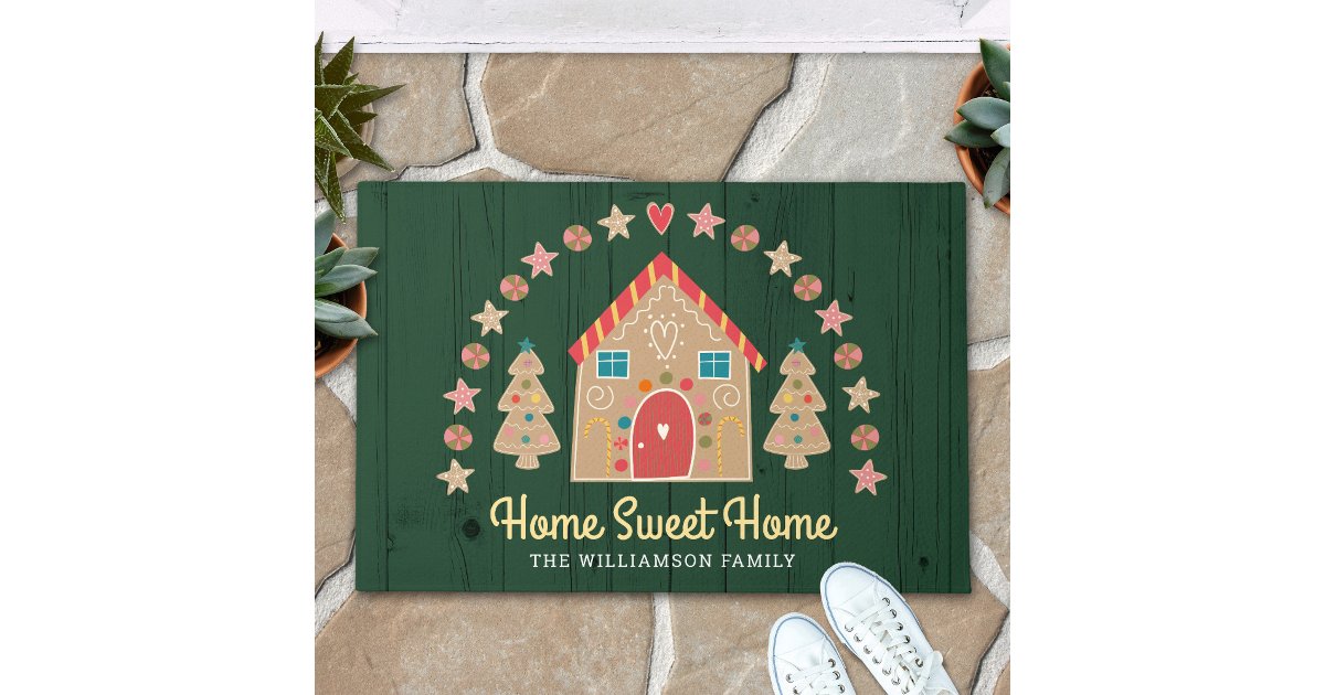Gingerbread House Home Sweet Home Green Wood Doormat | Zazzle