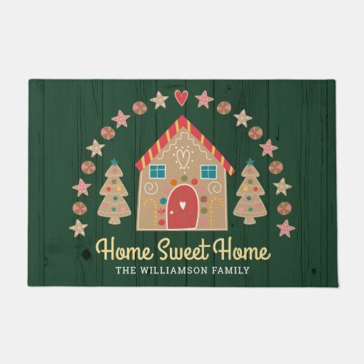 Gingerbread House Home Sweet Home Green Wood Doormat | Zazzle