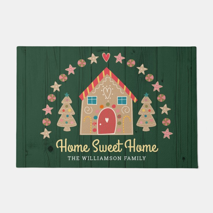 Gingerbread House Home Sweet Home Green Wood Doormat | Zazzle