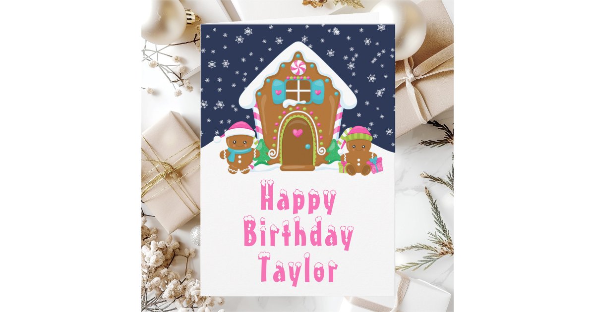 Gingerbread House Pink and Navy Happy Birthday Card | Zazzle