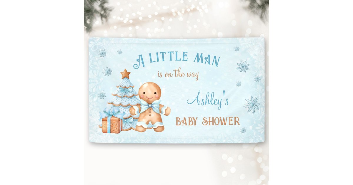 Gingerbread Man Boy Blue Christmas Baby Shower Banner | Zazzle