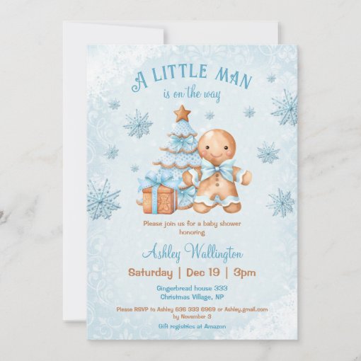Gingerbread Man Boy Blue Christmas Baby Shower Invitation | Zazzle