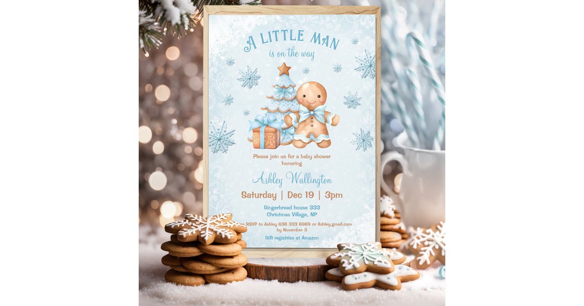 Gingerbread Man Boy Blue Christmas Baby Shower Invitation | Zazzle