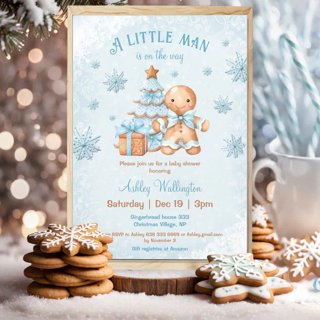 Gingerbread Man Boy Blue Christmas Baby Shower Invitation | Zazzle