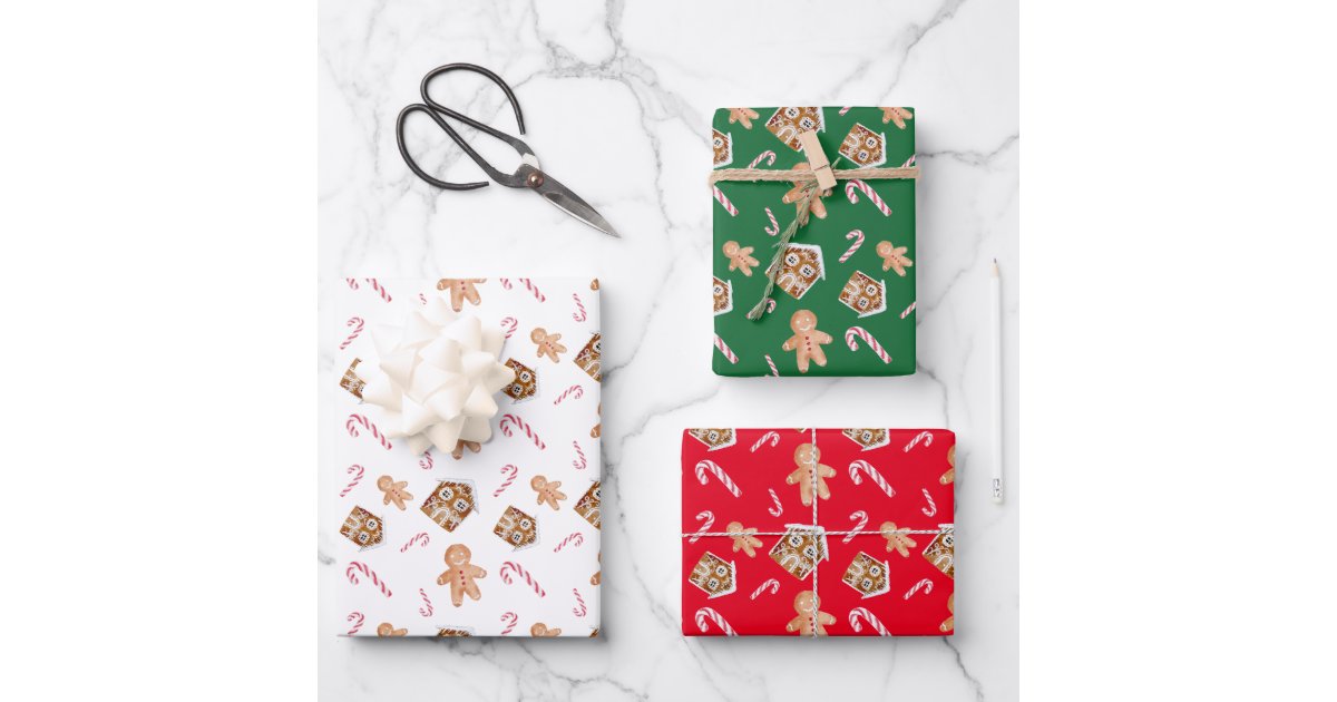 Gingerbread man candycane holiday cute red green wrapping paper sheets ...