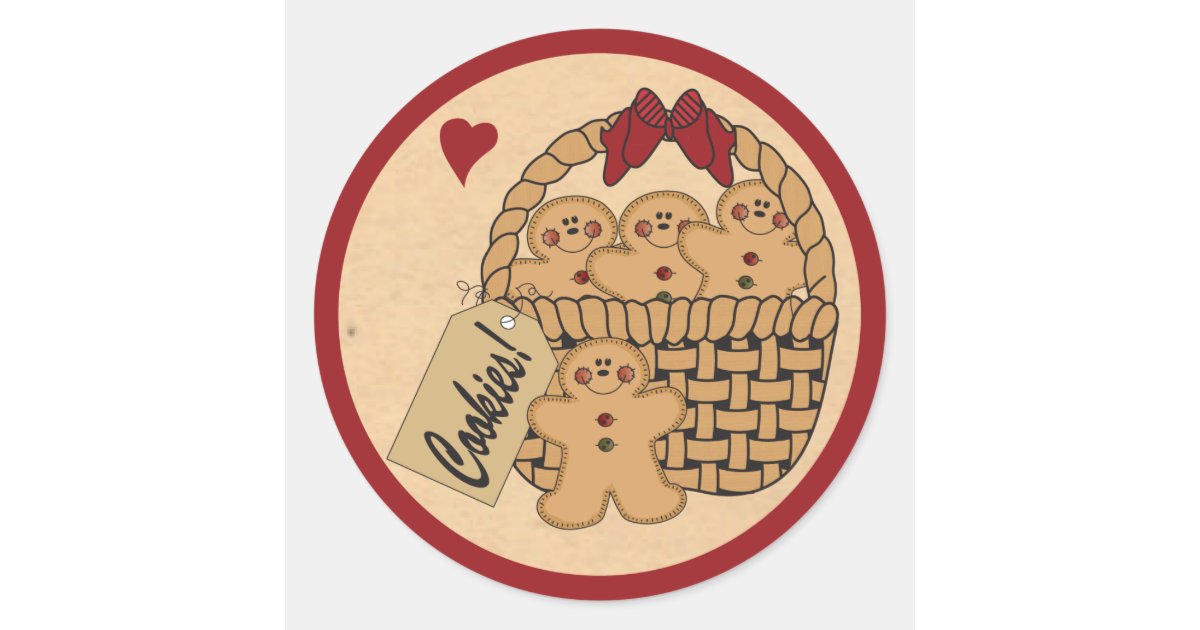 Gingerbread Man Cookie Basket in Red Classic Round Sticker | Zazzle