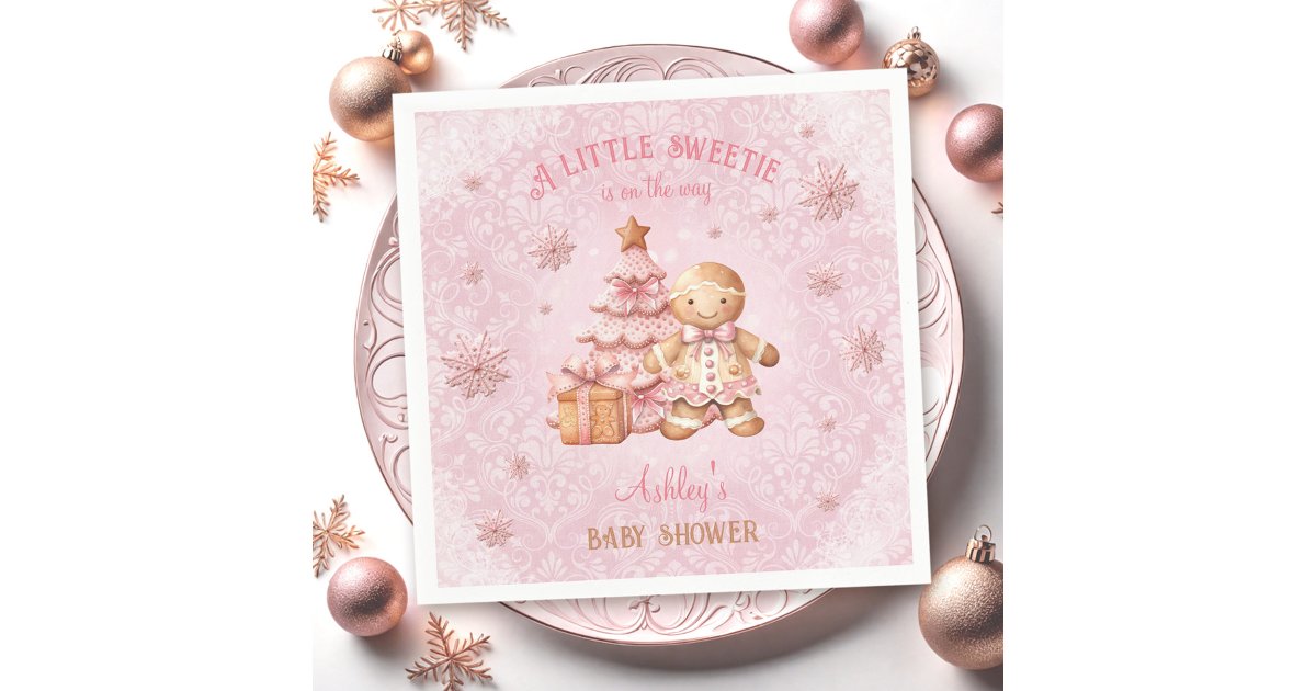 Gingerbread Man Girl Pink Christmas Baby Shower Napkins | Zazzle