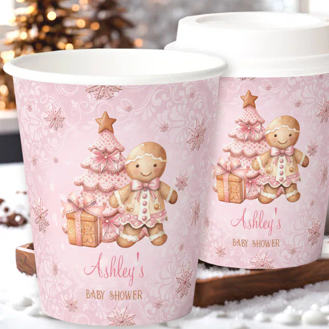 Gingerbread Man Girl Pink Christmas Baby Shower Paper Cups | Zazzle
