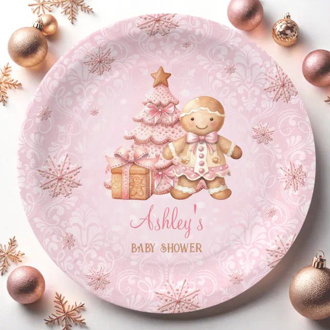 Gingerbread Man Girl Pink Christmas Baby Shower Paper Plates | Zazzle