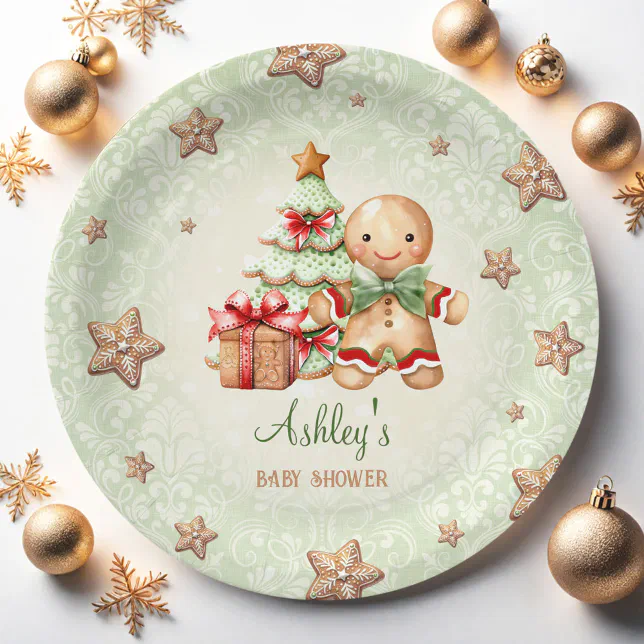 Gingerbread Man Green Red Christmas Baby Shower Paper Plates | Zazzle