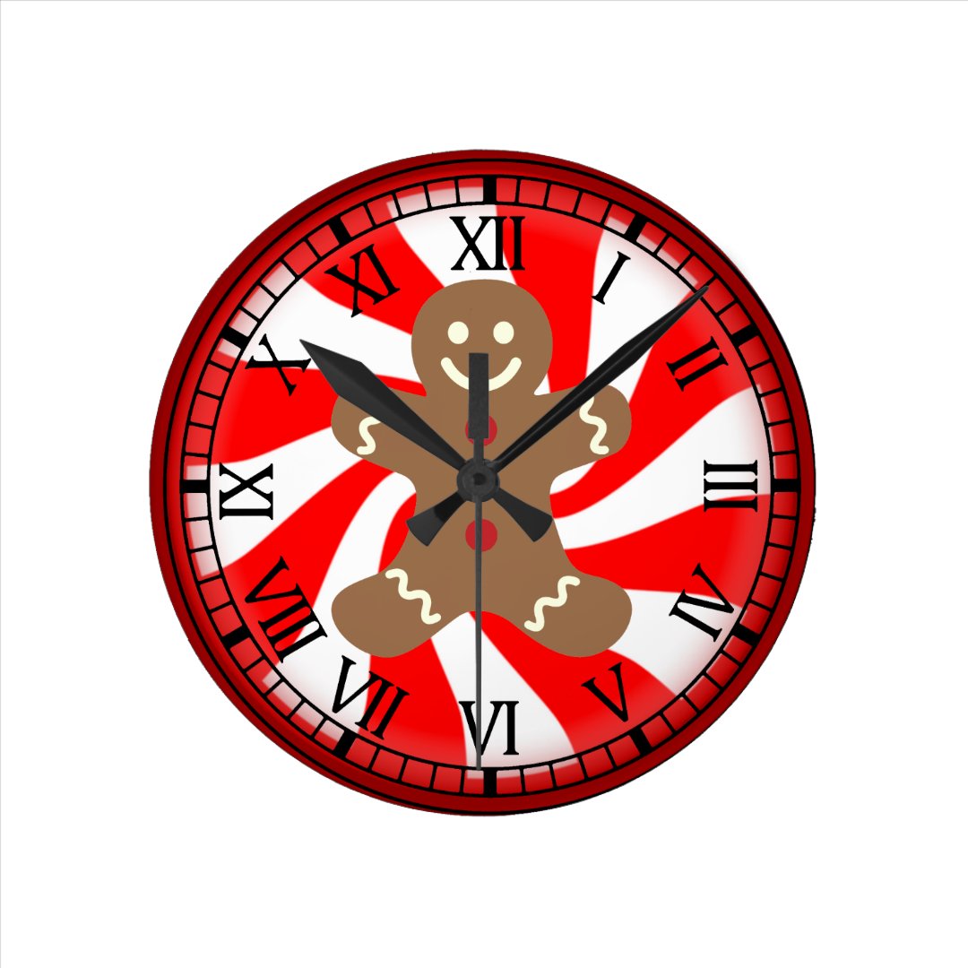 Gingerbread Man Peppermint Candy Christmas Clock | Zazzle