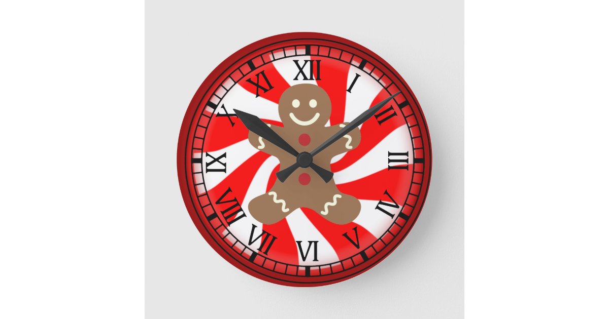 Gingerbread Man Peppermint Candy Christmas Clock | Zazzle