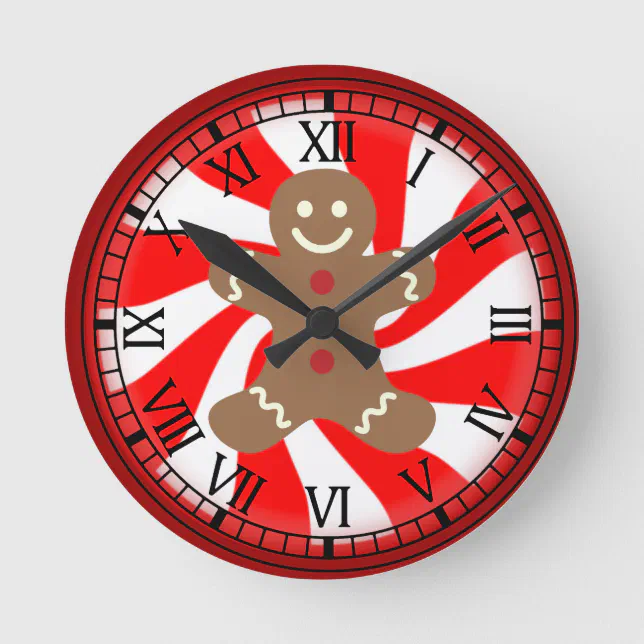 Gingerbread Man Peppermint Candy Christmas Clock | Zazzle