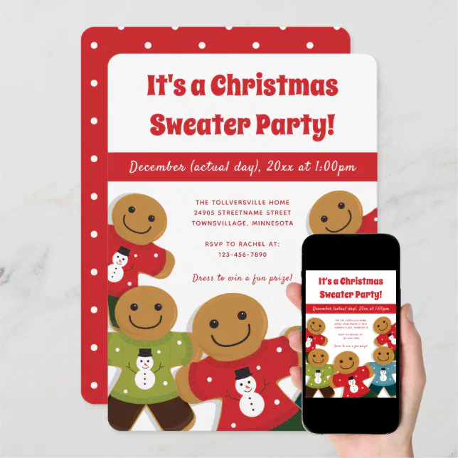 Gingerbread Man Sweater Party Christmas Invitation | Zazzle