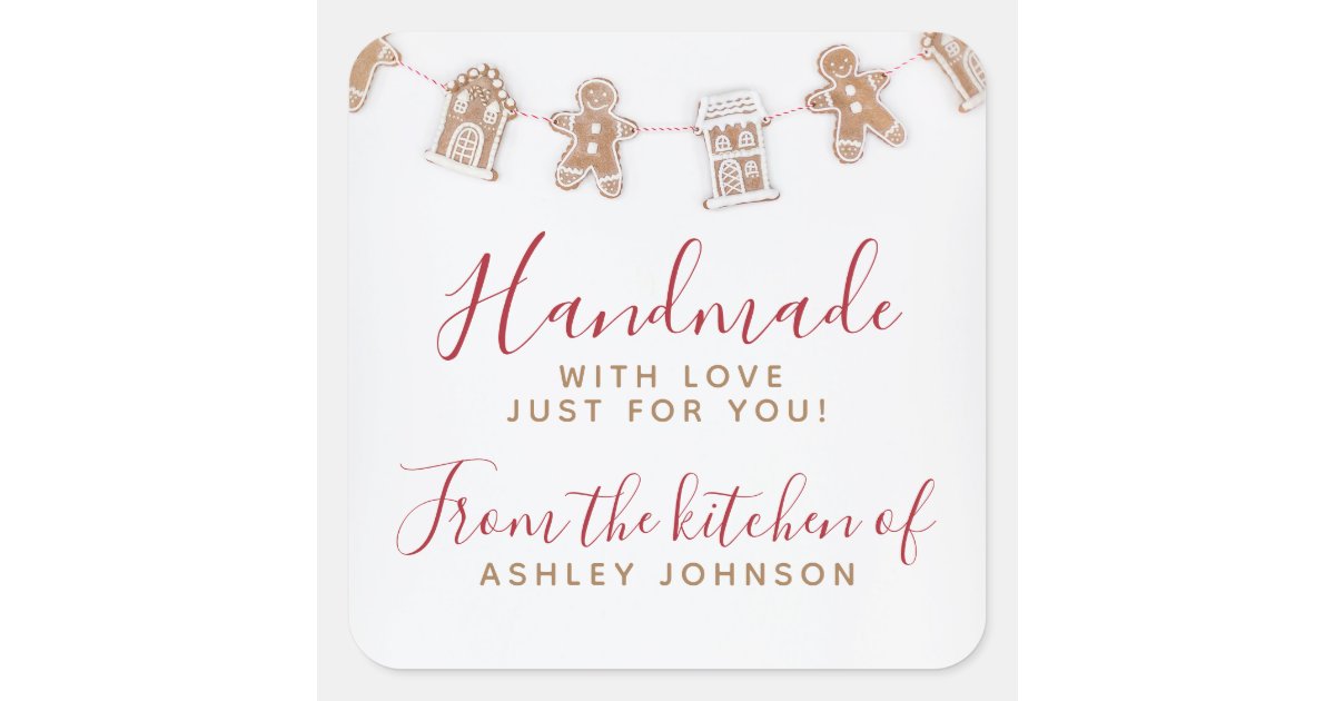 GINGERBREAD Red Handmade With Love Square Sticker | Zazzle