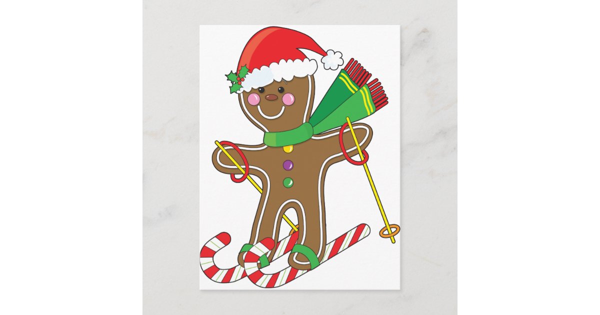 Gingerbread Skier Holiday Postcard | Zazzle