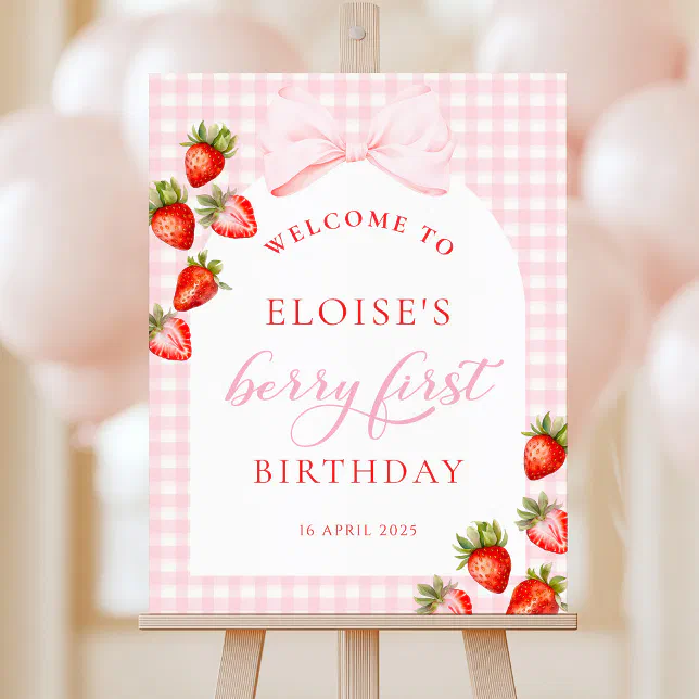 Gingham Berry First Birthday Welcome Sign | Zazzle