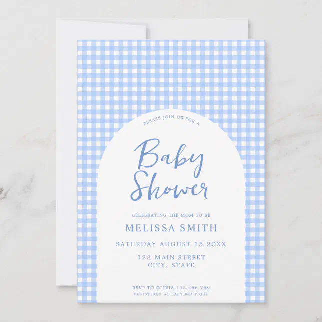 Gingham Blue Checkered Plaid Baby Shower Invitation | Zazzle