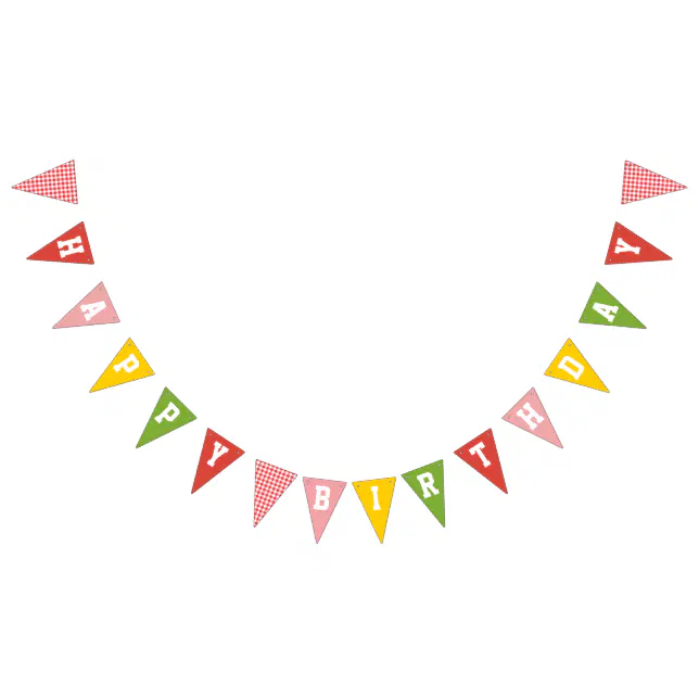 Gingham Colorful Farm Barn Happy Birthday Bunting Flags | Zazzle