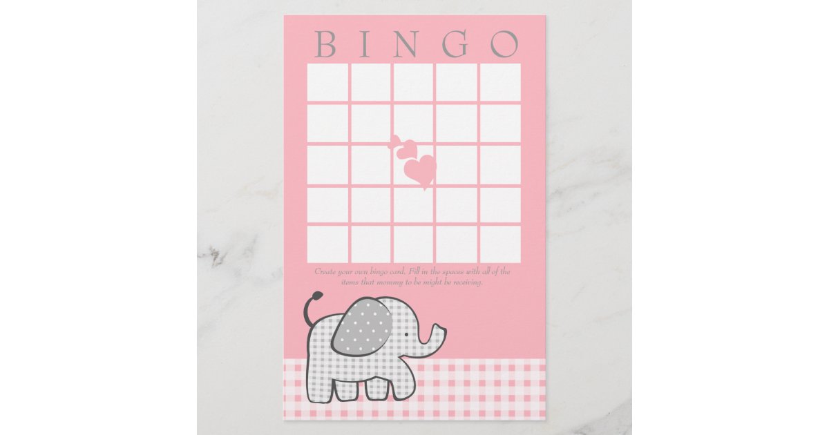 Gingham Elephant Pink Bingo Card | Zazzle
